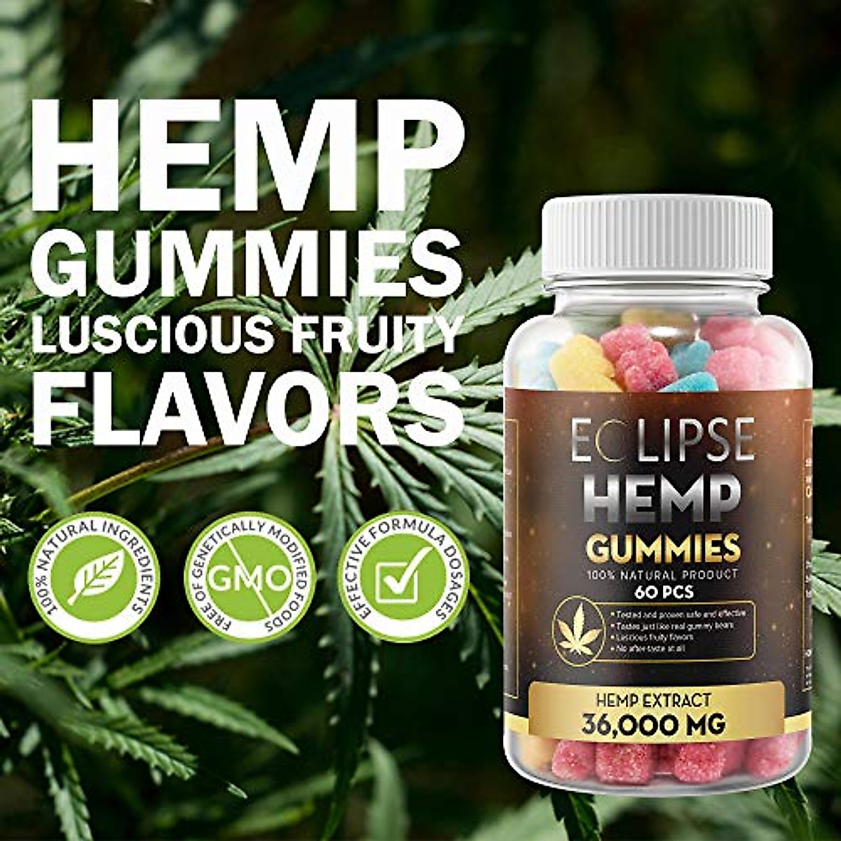 Eclipse Hemp Hemp Gummies - 36,000 MG (60 Count) - 600 MG Per Gummy Bear with Hemp Oil - Made in USA