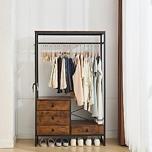 YIGOBUY Heavy Duty Garment Rack with Drawers Clothes Rack for Hanging Clothes, Industrial Clothing Racks with Shelves, 4 Fabric Drawer, Freestanding Closet Organizer, Rustic Brown
