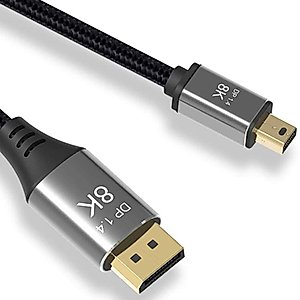 CABLEDECONN 2M 6.6FT Mini DP to DisplayPort 8K Cable 8K(7680x4320)@60Hz 4K@144Hz Display Port 1.4 Bi-Directional Transmission DP to Mini DisplayPort 8K