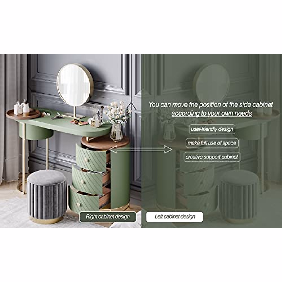 FUQIAOTEC Modern Makeup Vanity Table, Stylish and Simple Design Dressing Table with LED Lighted Mirror & 3 Drawers Side Cabinet, Desktop with a Hidden Storage, Without Stool, Green