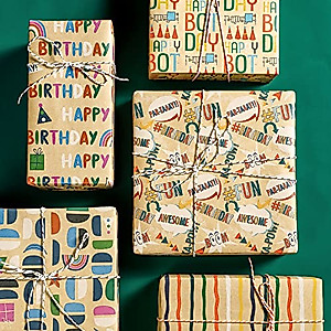 RUSPEPA Kraft Wrapping Paper Sheet - Football and Birthday Printed, Great for Boys, Baby Shower, Holiday - 12 Sheets Packed as 2 rolls - 17.5 x 30 Inch per sheet
