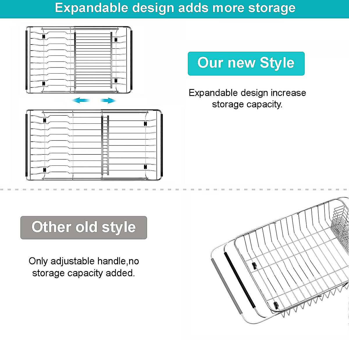 iPEGTOP Expandable Over Sink Dish Drying Rack, Multifunctional Adjustable (14"-18.5") Dish Drainer Organizer Shelf Rustproof Stainless with Grey Utensil Holder for Kitchen Counter