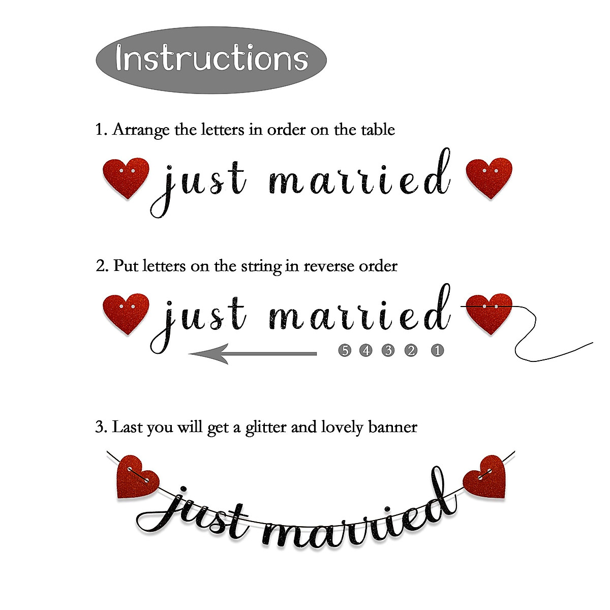 Ushinemi Black Just Married Banner Sign for Wedding Party Decoration Supplies, Bridal Shower with 2 Red Glitter Hearts