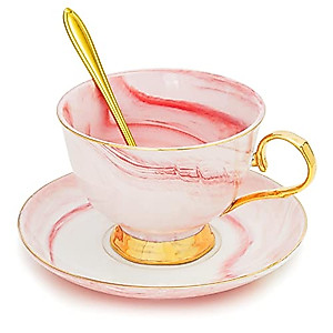 3-Piece Pink Marble Tea Cup and Saucer Gift Set for 1, 7 oz Teacup with Gold Spoon