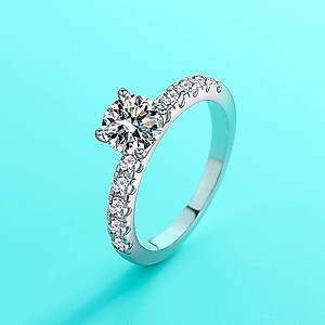 1.0CT Moissanite Rings for Women, D Color VVS1 Clarity Brilliant Round Cut Solitaire Lab Created Diamond Ring Rhodium Plated S925 Sterling Silver 4 Prong Moissanite Engagement Ring, Stone, Moissanite