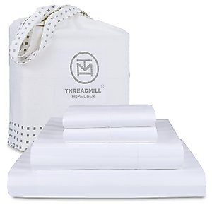 Threadmill 500 Thread Count Full Size Damask Stripe, 4 Pc Luxury Cotton Sheet Set, Silky Smooth Hotel White Sheets with 16" Elasticized Deep Pocket, 2 Pillowcases & Free Tote Bag