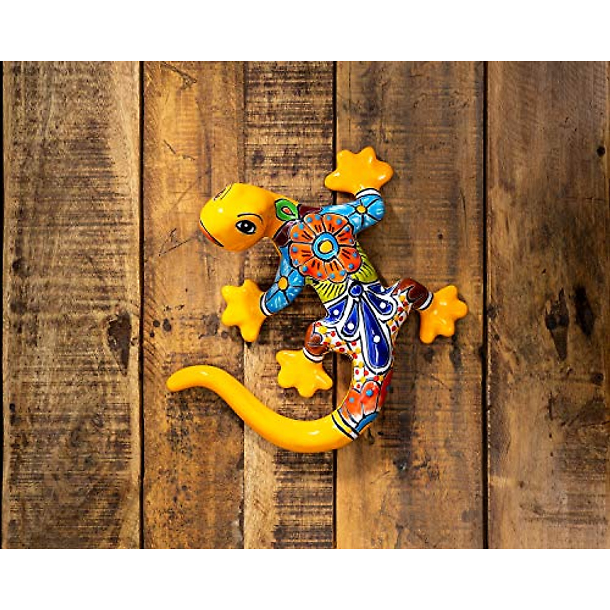 Enchanted Talavera Pottery Hand Painted Mexican Ceramic Garden Creatures Gecko Salamander Frog Butterfly Dragonfly Animals Butterflies Reptiles Wall Décor Art (Medium 10 x 9 Marigold)