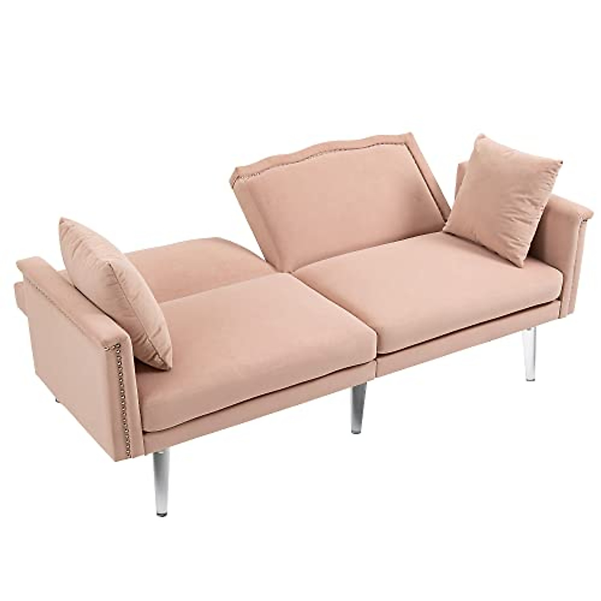 FULife 65" Mid Century Modern Velvet Upholstered Futon Sofa Split Back Loveseat Convertible Sleeper Couch Bed Daybed,Folding Recliner with Armrest&2 Pillows for Living Room/Compact Space, Pink