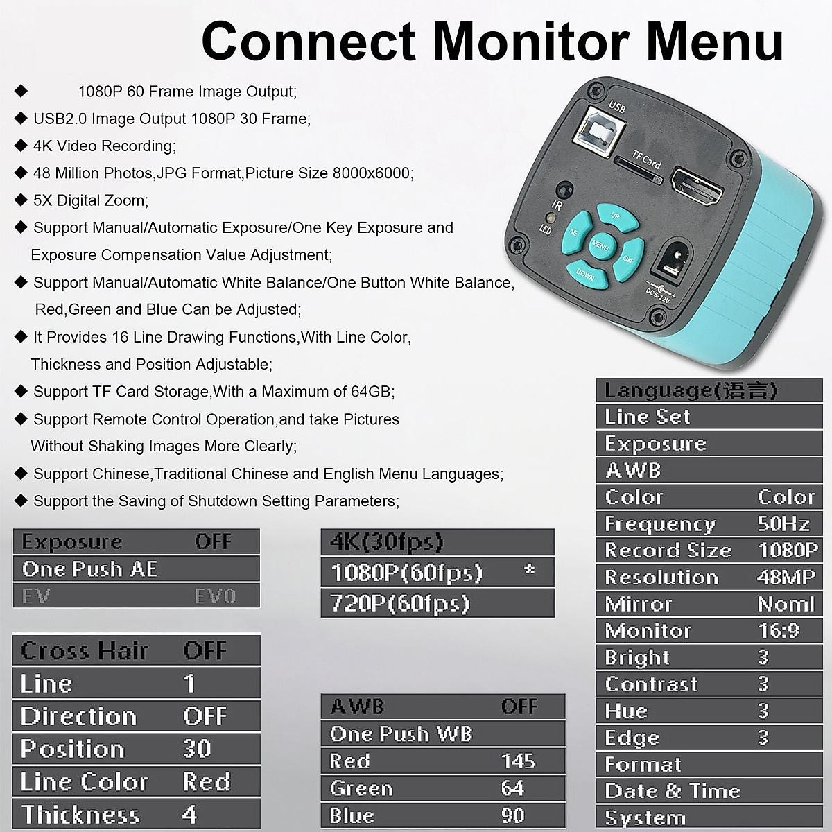 Digital Industry Camera, Adjustable LED Light Microscope Camera 1080P 100‑240VAC Wide Application for Photo (US Plug)