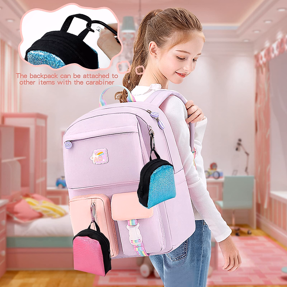 2 Pieces Mini Doll Backpack Toys with 12 Stationery Surprises Inside, Collectible Mini Backpack for Doll with Carabiner, Doll School Supplies Best Gift for Boys and Girls (Styles and Color Vary)