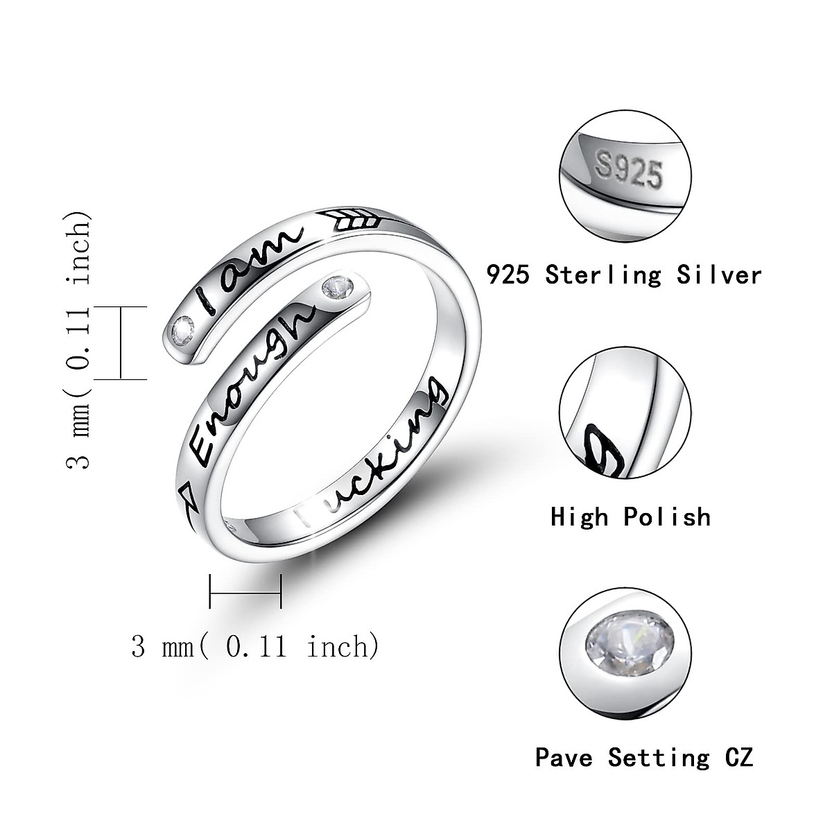 I am Enough Strong Inspirational Message Arrow Rings 925 Sterling Silver Sizeable Quote Wrap Ring Encouragement Jewelry for Women (C)