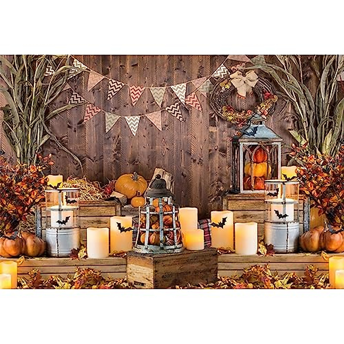 7x5ft Vinyl Fall Halloween Backdrop Pumpkin Bat Candle Hay Maple Leaves Background Rustic Wooden Backdrop Thanksgiving Photo Booth Props Funny Birthday Party Decorations Banner Supplies