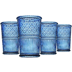 Godinger Highball Drinking Glasses, Tall Glass Cups, Vintage Decor, Water Glasses, Cocktail Glasses - Claro Collection, 12oz, Blue, Set of 4