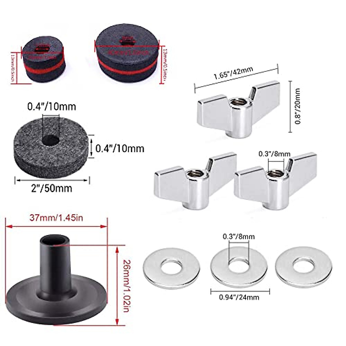 Jiayouy Drum Set Parts Hardware Pack 12pcs Bass Drum Claws & 54pcs Tension Rods(15mm-90mm) Cymbal Felts Hi-Hat Clutch Washer Sleeves and Base Wing Nuts Cymbal Replacement Accessories