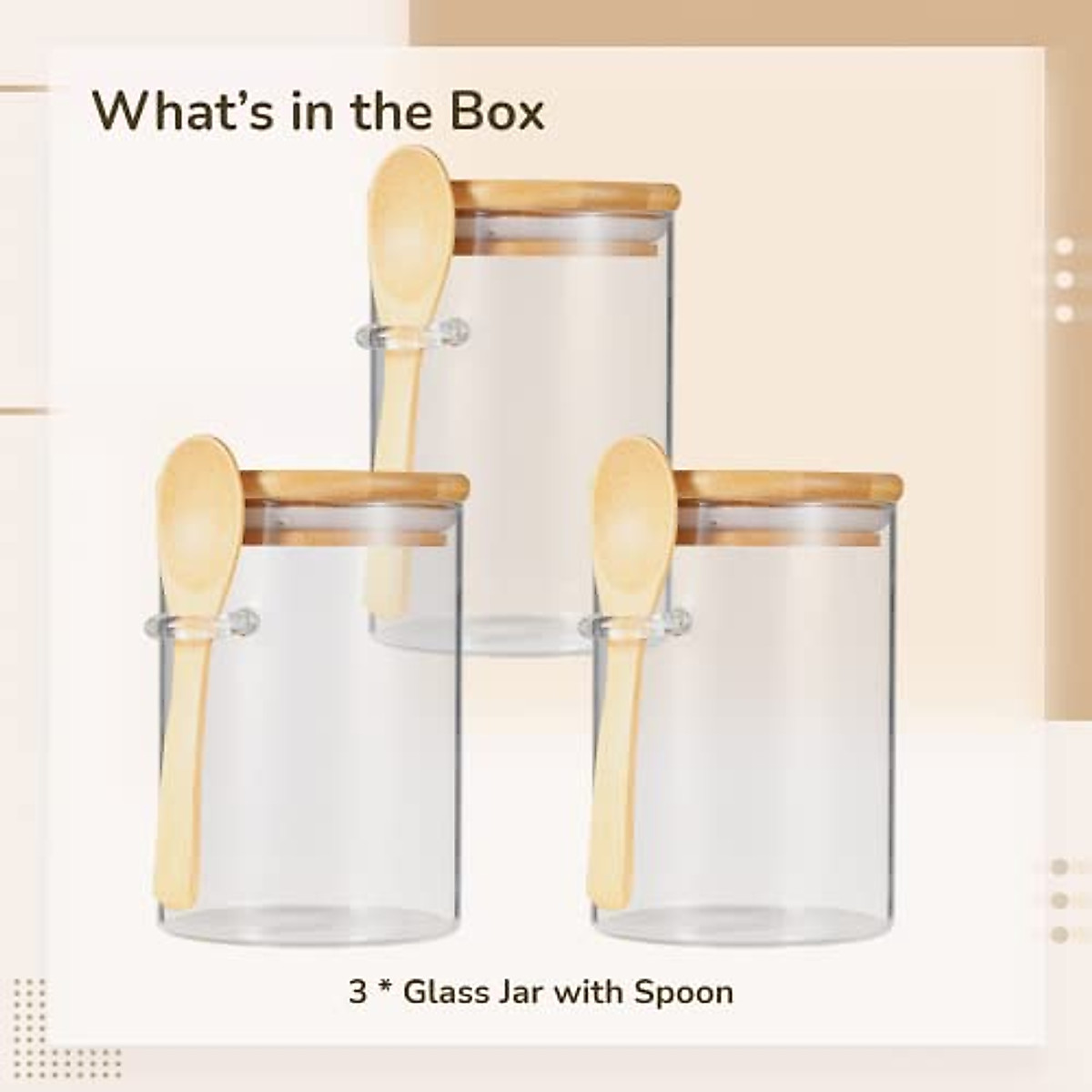 Kitchen Glass Jars with Spoons, 3 PCS Large Capacity Kitchen Canisters, 20 OZ Transparent Glass Kitchen Containers, Clear Glass Bottle with Airtight Bamboo Lid, Kitchen Organizer for Grains, Spices, Coffee Beans, Snacks