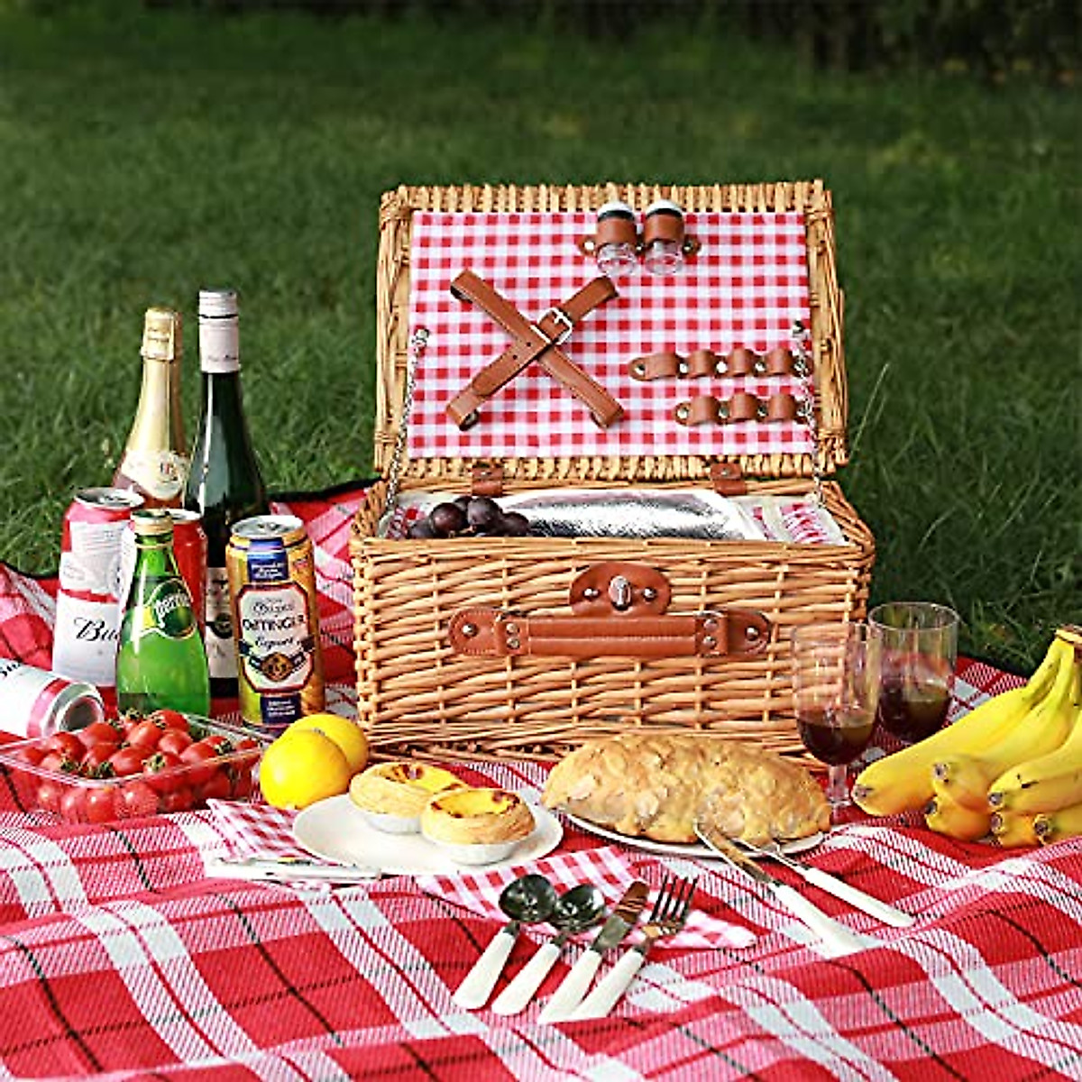 Wicker Picnic Basket for 2 Person, Willow Hamper Basket Sets with Insulated Compartment, Handmade 2 Person Picnic Basket Classical Red Check with Utensils Cutlery Perfect for Picnic, Camping