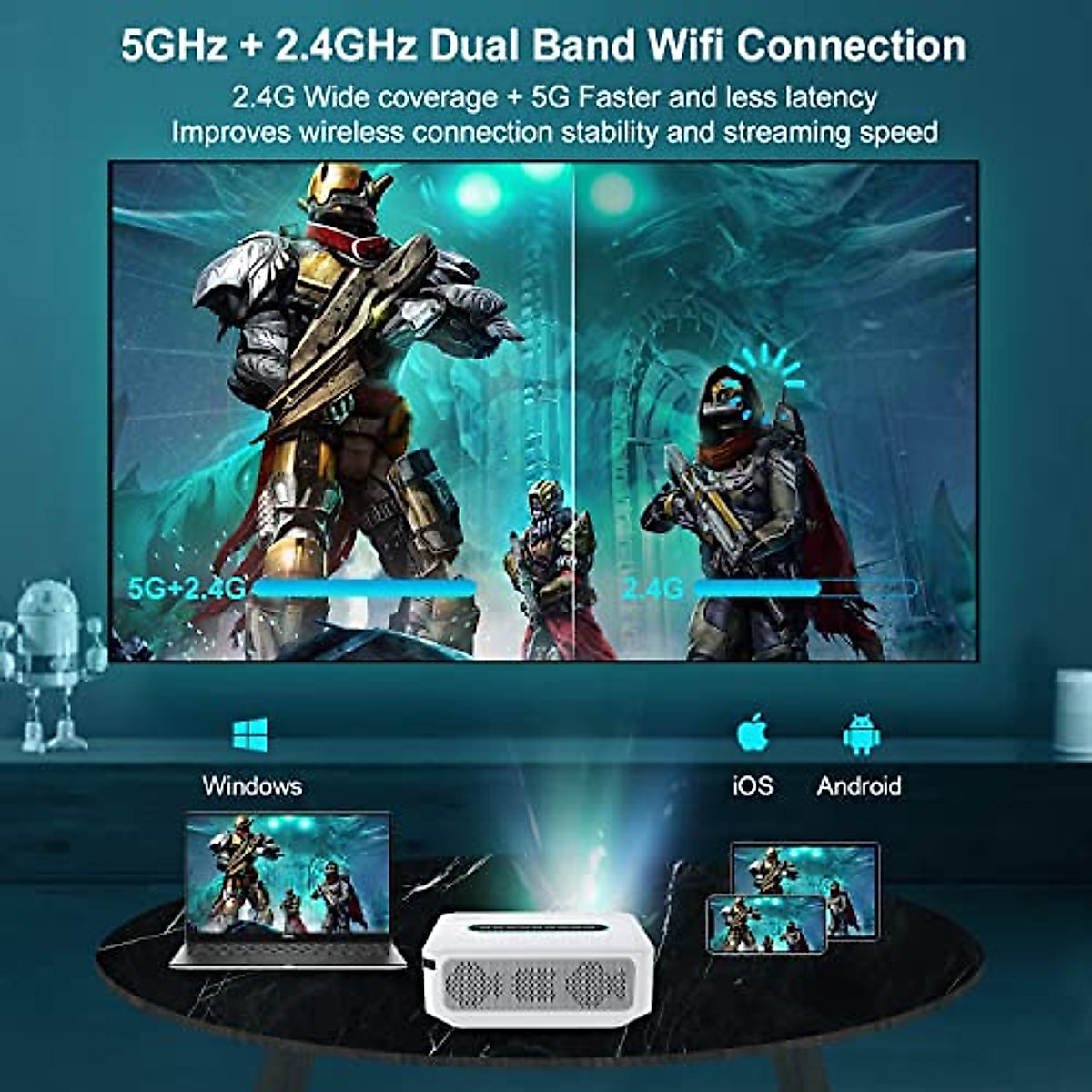 4K Support Projector with 5G WiFi and Bluetooth, XGODY X1 12000L Native 1080P HD Built-in Android OS Projectors Preinstall YouTube Netflix, 8000+ Apps, Dolby Sound Smart Portable Projector with Bag
