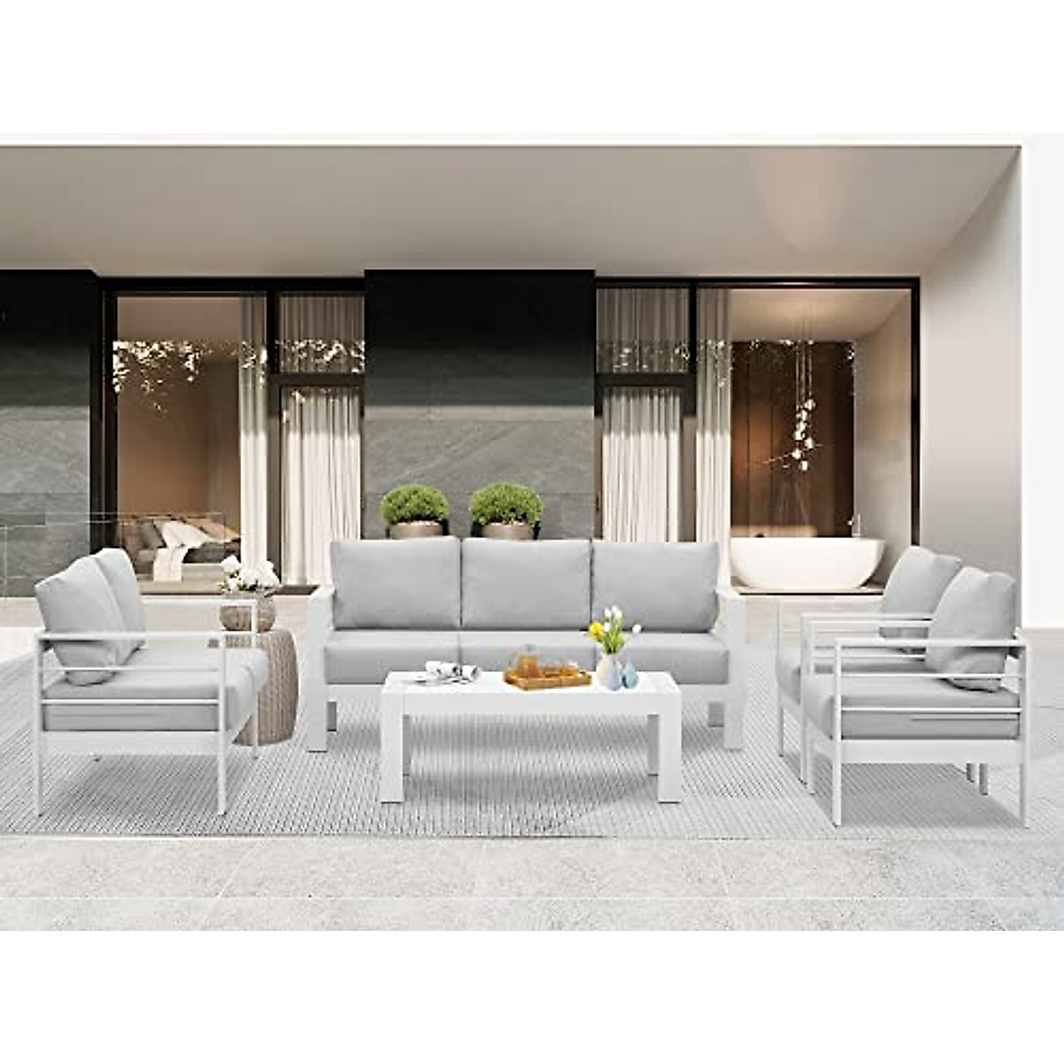 Wisteria Lane Aluminum Outdoor Patio Furniture Set, Modern Patio Conversation Sets, Outdoor Sectional Metal Sofa with 5 Inch Cushion and Coffee Table for Balcony, Garden, Light Grey