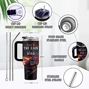 Uibunoo Truck Driver Gifts for Men, Race the Rain Ride the Wind 40 Oz Sunset Truck Tumbler with Handle & Straw, Trucker Gifts, Birthday Presents for Trucker, Stainless Steel Trucker Cup