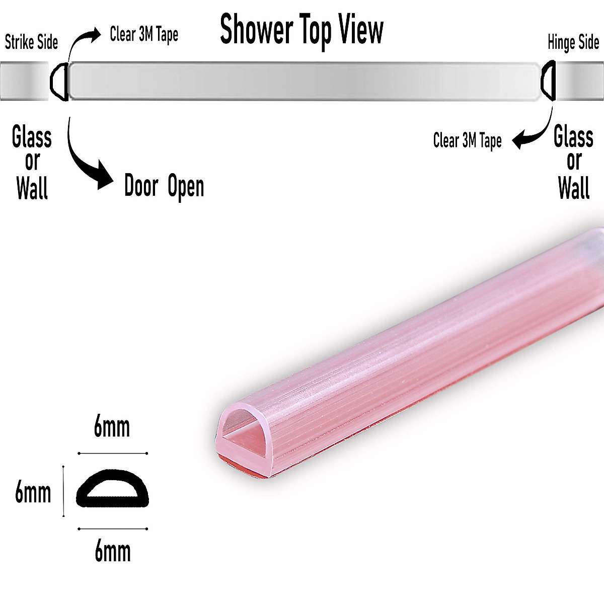 eatelle Vinyl Bulb Translucent Shower Door Seal for 1/4" (6mm) Gap with Pre-Applied 3M Tape, Adhesive Bathroom Seal Strip for 1/4" Thick Glass and UP(3/8, 1/2 Glass) 95 Inch Long