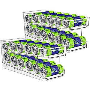 Mano Set of 2 Rolling Soda Can Organizer for Refrigerator, Clear Drink Dispenser for Pop Beer Soda Seltzer Beverage Can Holder, Plastic Fridge Organizer Bins Pantry Storage Rack