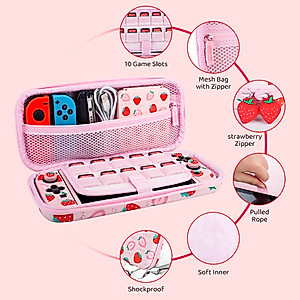 GLDRAM Pink Strawberry Carrying Case Bundle for Nintendo Switch Accessories, Cute Travel Case Kit with Soft TPU Cover, Game Case, Glass Screen Protector, Thumb Grip Caps, Shoulder Strap for Girls