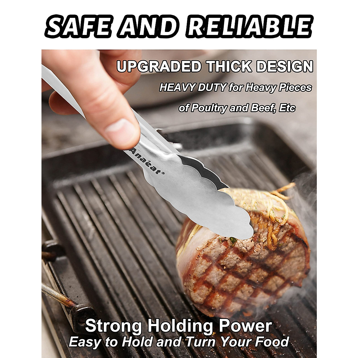 Anaeat Premium Kitchen Locking Tong Set of 3 - Heavy Duty Stainless Steel Food Tongs with Long Handle & Non-Slip Silicone Grip for Cooking, Baking, Grilling - Heat Resistant up to 480°F