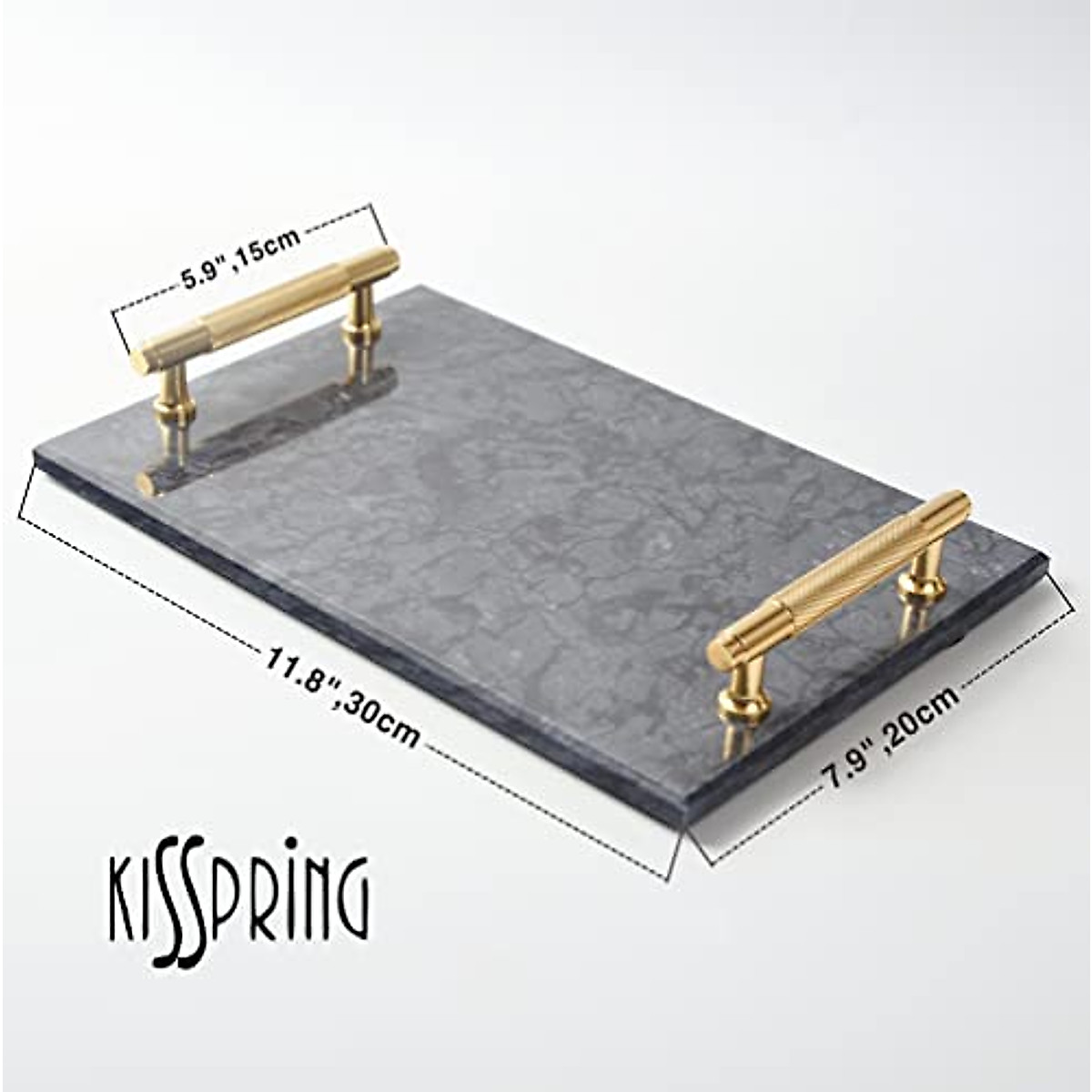 Kisspring Natural Marble Tray with Golden Embossed Handle,Stone Bathroom Tray, Decorative Tray with Metal Handle for Bathroom Kitchen Vanity Dresser Nightstand Desk, (White)