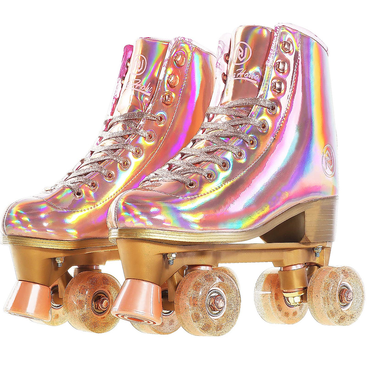 JajaHoho Roller Skates for Women, Holographic High Top PU Leather Rollerskates, Shiny Double-Row Four pink glitter Wheels Quad Skates for Girls and Age 8-50 Indoor Outdoor (Size 4, Rose Gold)
