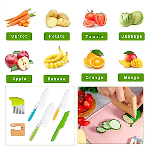 HANHAN 8 PCS Kids Knife Set, Include 4 Pcs Plastic Knives with Serrated Edges, Crinkle Cutter, Y Peeler, Crocodile Wood Knife & Durable Cutting Board for Fruit, Vegetable, Bread, Cake & more (#A)