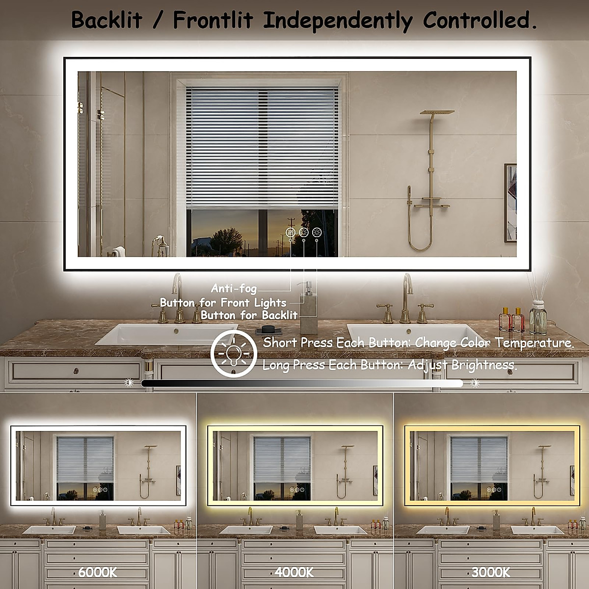 CHARMOR 60x28 LED Mirror for Bathroom, Large Framed Lighted Mirror for Wall, Dimmable, Anti-Fog (Backlit and Front Lighted)