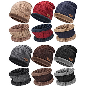 6 Pack Winter Beanie Hat Scarf Set Stylish Knit Skull Caps for Men Women Fleece Thick Lined Neck Warmer, 6 Colors
