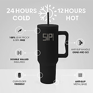 SIP SPHERE 40oz, Travel Mug, Insulated Thermal Mug, 2 Straw Tumbler, Reusable Coffee Mug, Drinking Glass, Tumbler Cup for Coffee, Tea, Whiskey, Juice (Midnight Black)