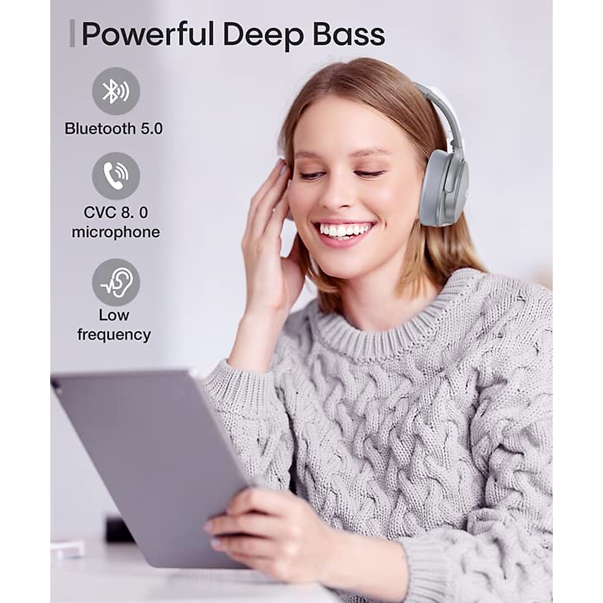 INFURTURE Active Noise Cancelling Headphones, H1 Wireless Over Ear Bluetooth Headphones, Deep Bass Headset, Low Latency, Memory Foam Ear Cups,40H Playtime (Silver)