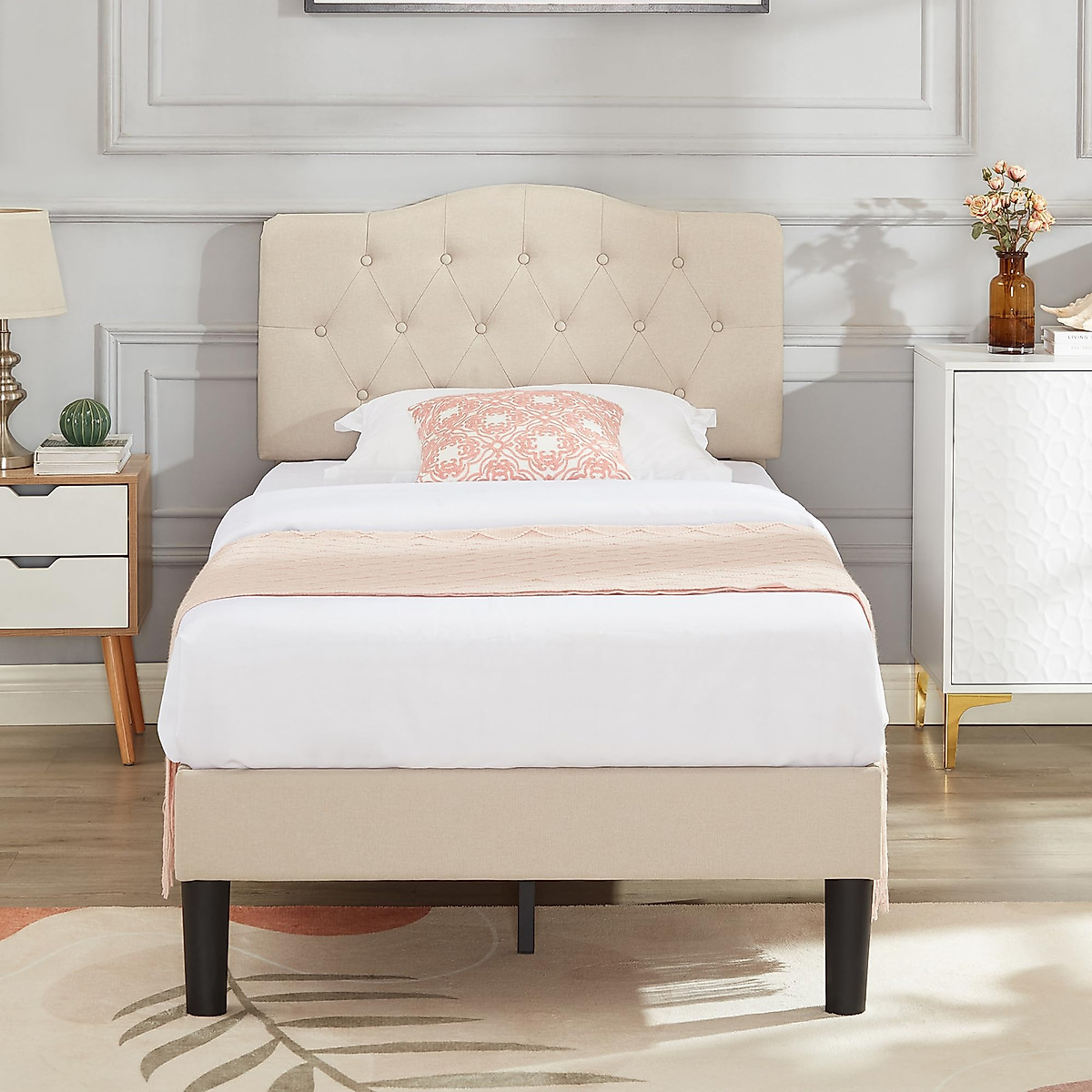 VECELO Classic Upholstered Platform Bed Diamond Stitched Cloth Panel Headboard/Mattress Foundation/Easy Assembly/Strong Slat Support Twin,Beige