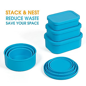 Nesting 100% Silicone Food Storage Containers with Lid & Measuring Line, 6 Pack, Leakproof Stackable Hard-Shell Silicone Containers for Food Lunch Snack, Microwave Oven Freezer Dishwasher Safe, Blue