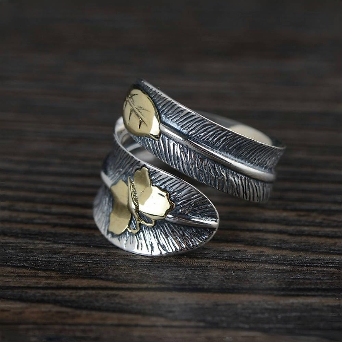 Two Tone 925 Sterling Silver Feather Ring with Golden Butterfly Leaf for Women Men Open Adjustable