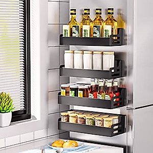 ZACELOVE 4 Pack Magnetic Spice Rack for Refrigerator,Magnetic Refrigerator Organizer, Strong Magnetic Fridge Shelf, Rustproof Side Fridge Storage Rack for Kitchen,Metal Black