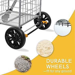 Shopping Cart with Wheels, Realife Folding Utility Cart with Brake for Grocery, Holds Up to 90lbs, Silver