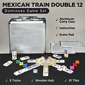 Queensell Mexican Train Dominoes Set with Wooden Hub, Domino Tile Board Games - Double 12 Dominos Set for Family Game Night for Adults and Kids Ages 8 and up (Double 12)