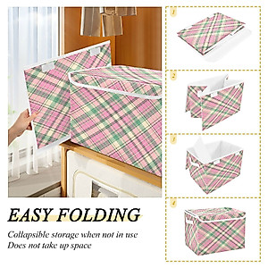 Pink Green Plaid Storage Basket 16.5x12.6x11.8 In Collapsible Fabric Storage Cubes Organizer Large Storage Bin with Lids and Handles for Shelves Bedroom Closet Office