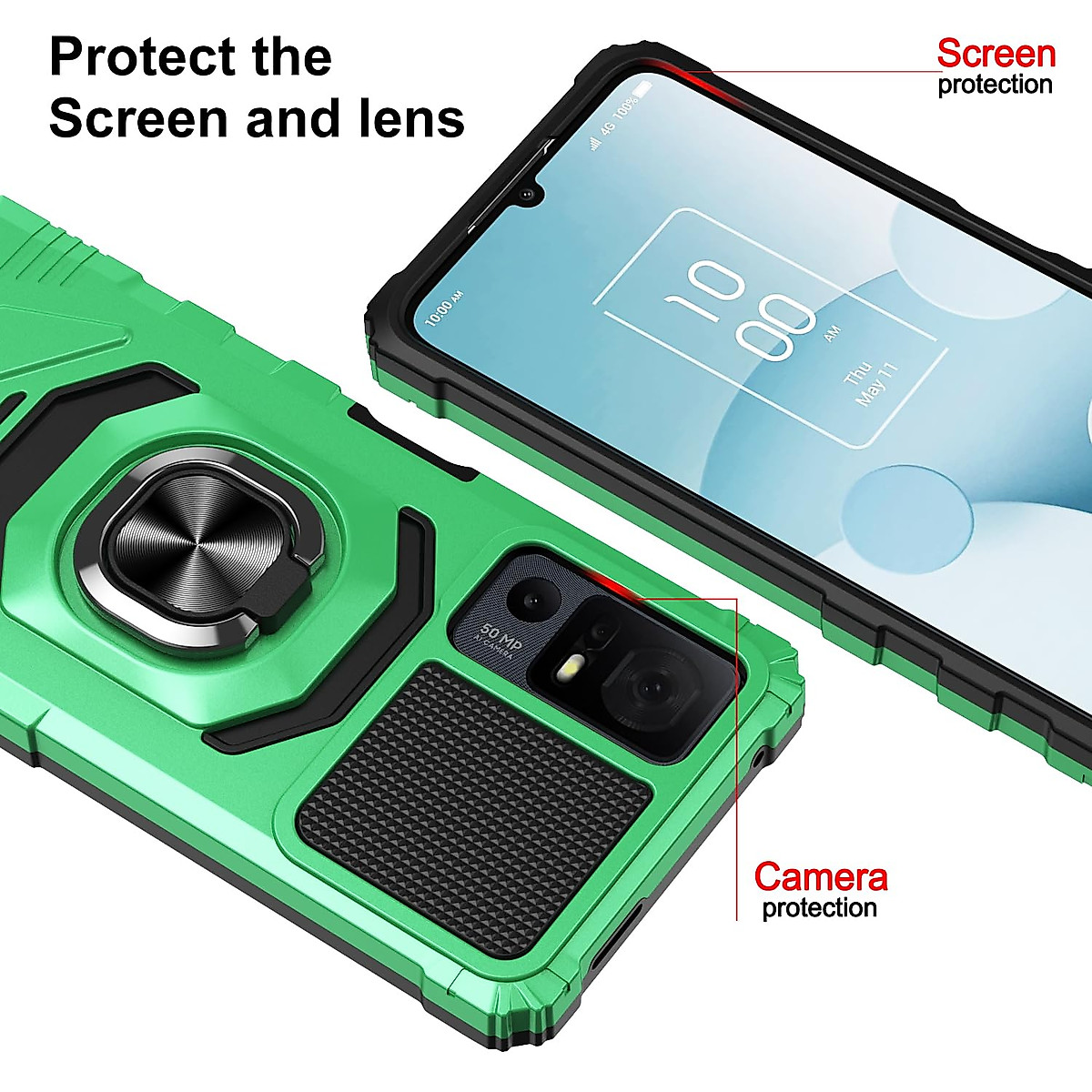 for TCL 40XL Case/TCL 40T Case/Jitterbug Smart 4 Case with Screen Protector,Magnetic Car Ring Stand Soft Silicone Bumper Military Grade Phone Case for TCL 40 XL/TCL 40 T T608DL /Lively Smart4 Green