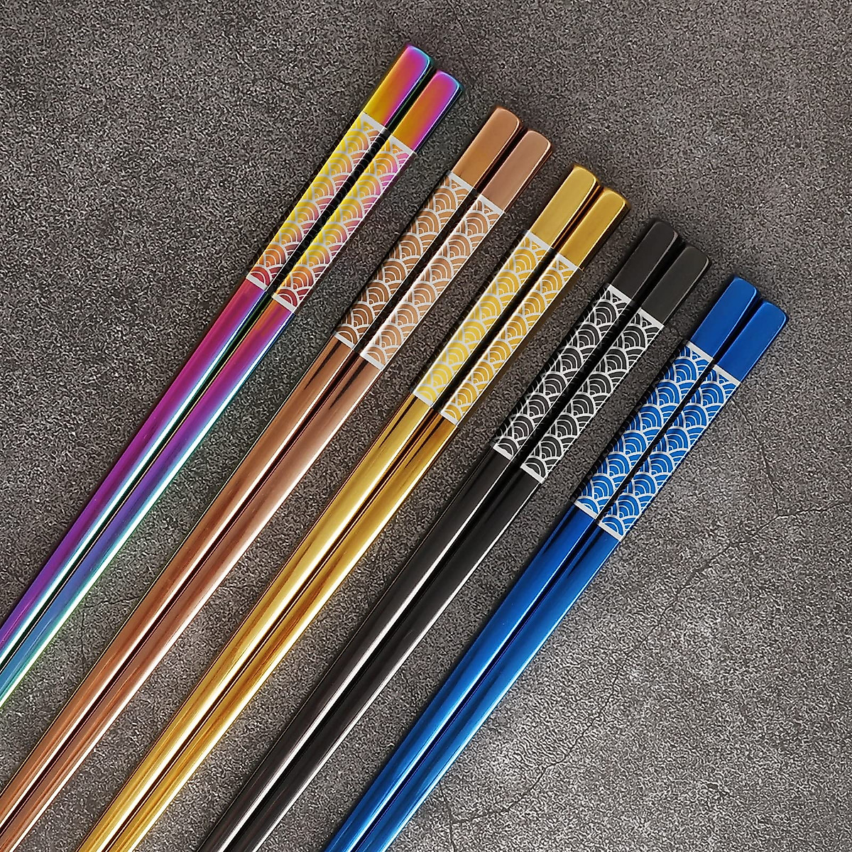 TIICOO Metal Chopsticks Reusable 18/8 Stainless Steel Chopsticks Laser Engraved Premium Titanium Multicolor Chop Sticks Dishwasher Safe Lightweight Japanese Style 5 Pairs Chopsticks Gift Set(Style 2)