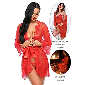 Avidlove red robe Women's Lace Kimono Robe Babydoll Lingerie Mesh Nightgown Red XL