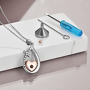 HUKKUN Urn Necklace for Women Sterling Silver Rose Gold Heart Cremation Jewelry for Ashes Teardrop Memorial Gift for Mother