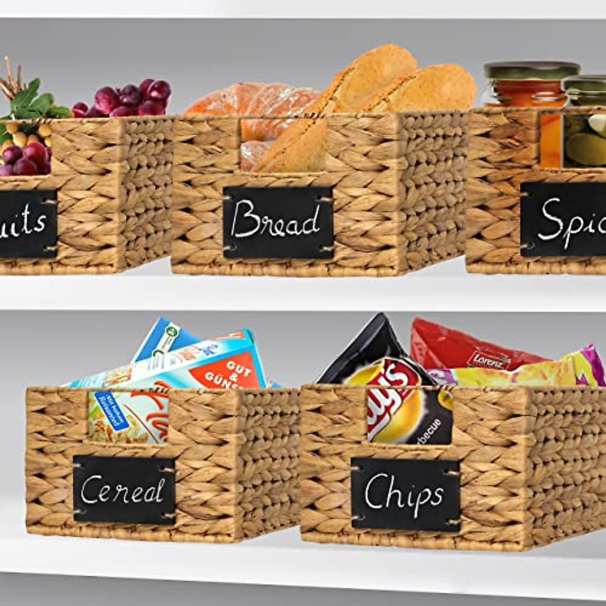 BARIEN 6 Pcs 12" x 9" x 6" Natural Water Hyacinth Storage Baskets, Rectangular Wicker Basket with Built-in Handles, Woven Cube Storage Bin with Chalkboard Label Chalk Marker (Natural - Set of 6)