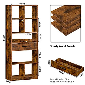 LELELINKY 6 Tier Open Bookshelf Mid Century Modern Bookcase, Wood Book Shelf with 8 Cubes and a Drawer, Floor Freestanding Bookshelves Cube Storage Organizer for Bedroom, Living Room, Office (Brown)