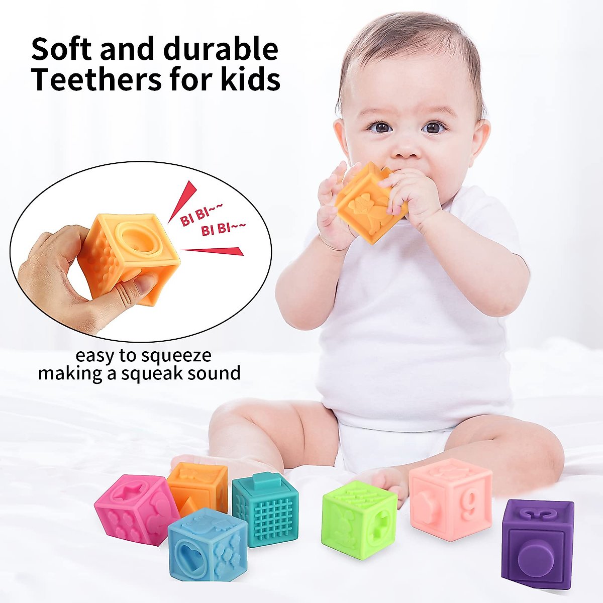 MORNSUNO Baby Blocks 6 to 12 Months,Soft Building Blocks for Babies 6 Months and up, Stacking Teething & Squeezing Toys for Infants Toddlers, Cube Blocks with Numbers Animals Fruits Textures