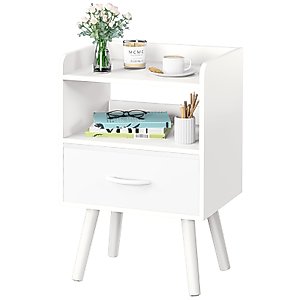 Yoobure Night Stand with Drawer, Modern Nightstand, Bedside Tables, Mid Century Nightstands with Open Storage Shelf, Wood Bedside Table, Small Night Stands for Bedrooms, 2-Tier Night Table
