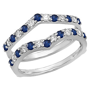 Dazzlingrock Collection Alternate Round Blue Sapphire & White Diamond Double Guard Wedding Band Enhancer Ring for Women in 10K White Gold, Size 6